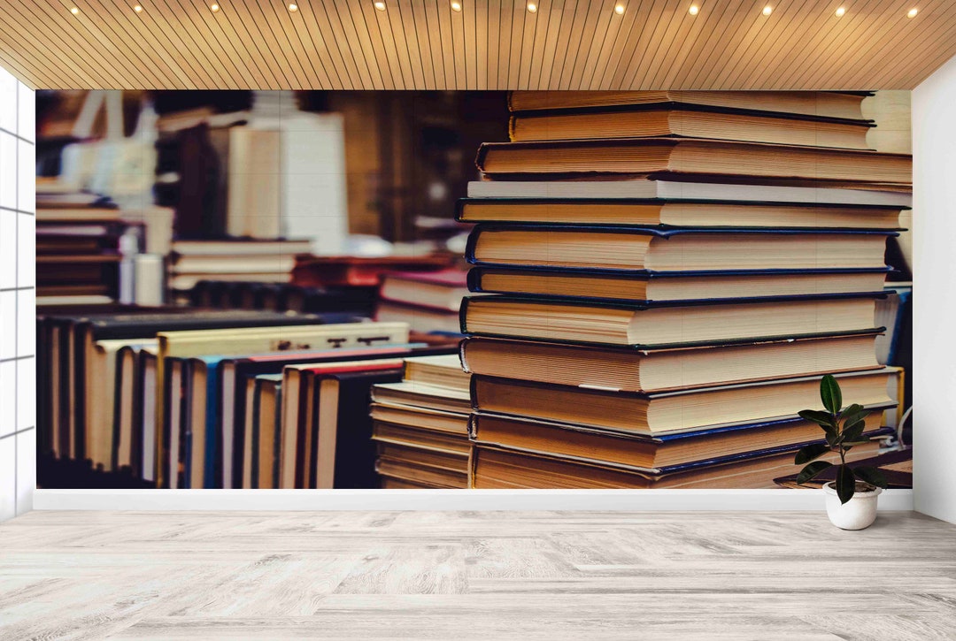 Bookshelves Wall Paper, Book Lover Wall Print, Book Wall Art ...