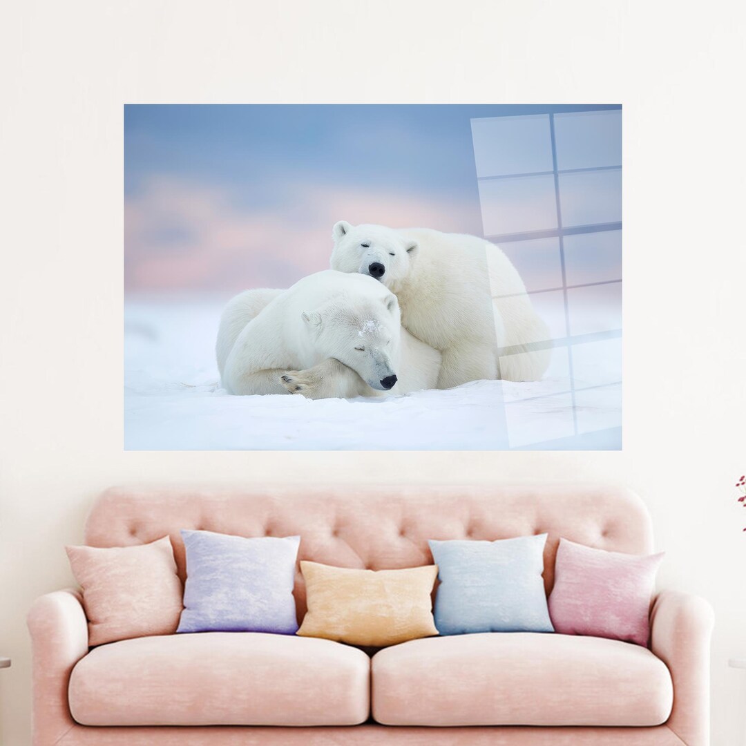 Polar Bears Glass Wall Art, Sleeping Bear Glass Wall Art, Snow Glass ...