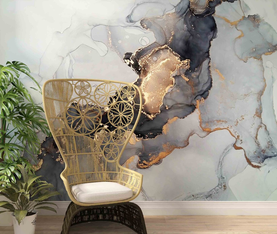 Alcohol Ink Wall Painting3d Wall Paperblack Gold - Etsy