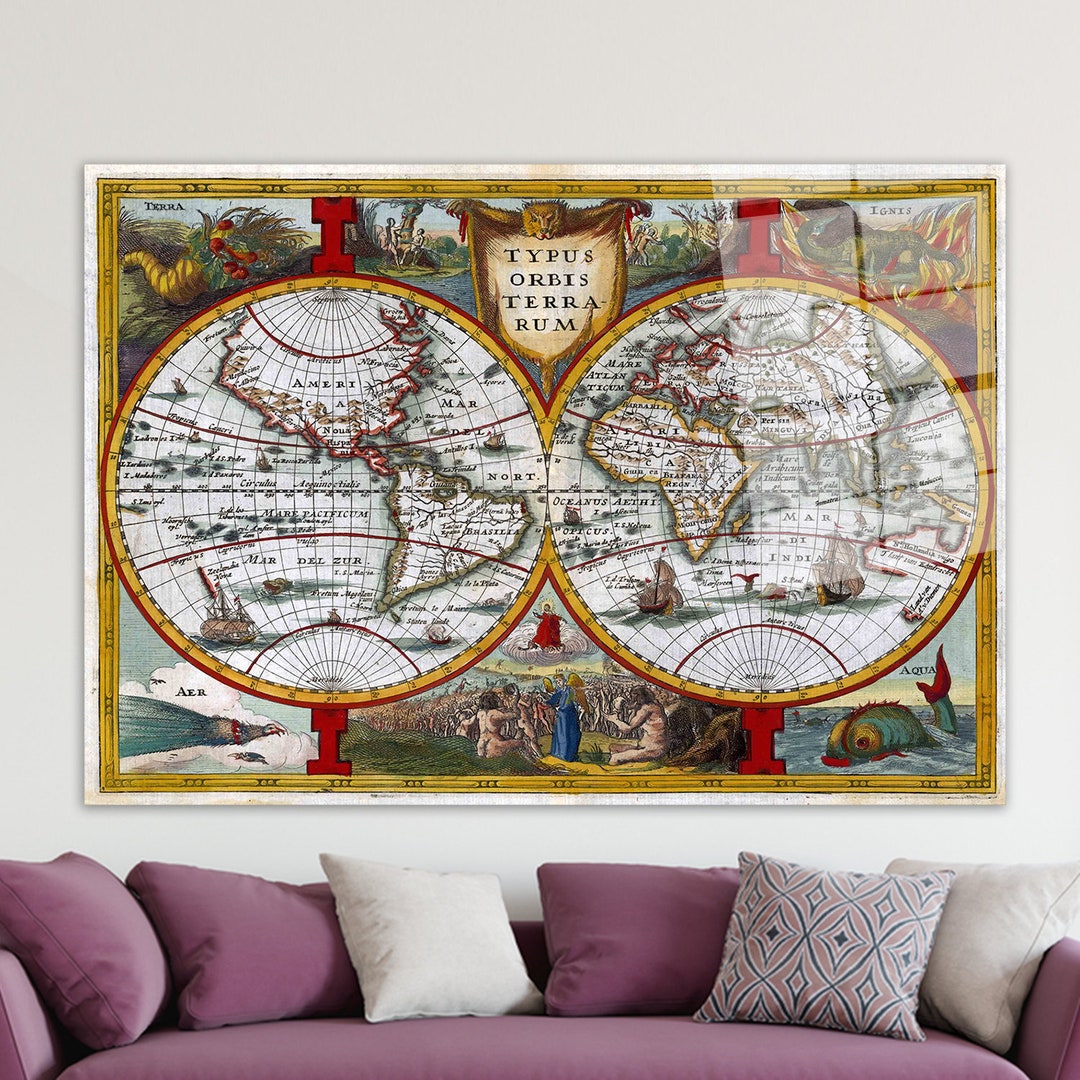 Antique World Map Glass Wall Art: Tempered Glass Print - Etsy
