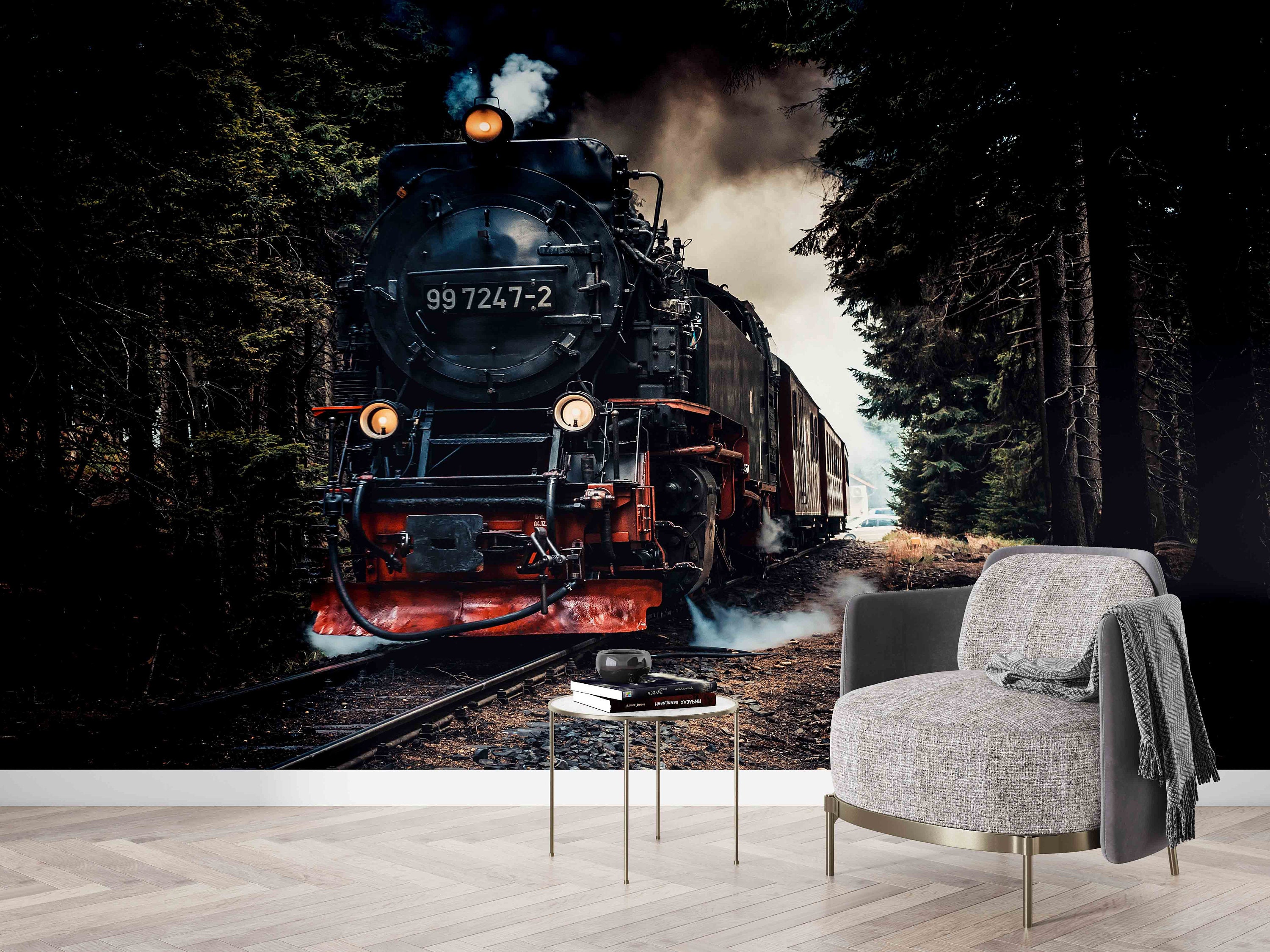Train Mural: Forest Steam Train Wallpaper, Peel and Stick - Etsy