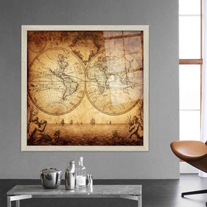 Tempered Glass, Mural Art, Glass Printing, Vintage World Map, Brown ...