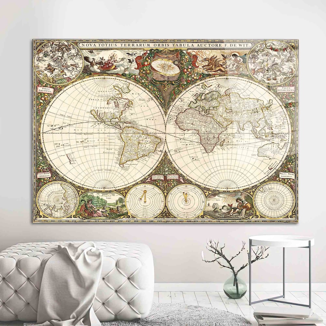 Glass, Wall Art, Mural Art, A New Map of the Whole World, Vintage Map ...