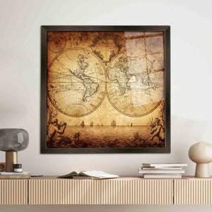 Tempered Glass, Mural Art, Glass Printing, Vintage World Map, Brown ...