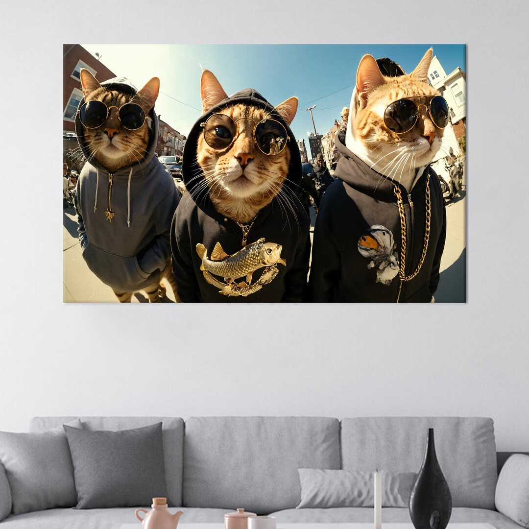 Thug Life Cat Art: Cat With Hat & Glasses - Framed Canvas or Poster - Etsy