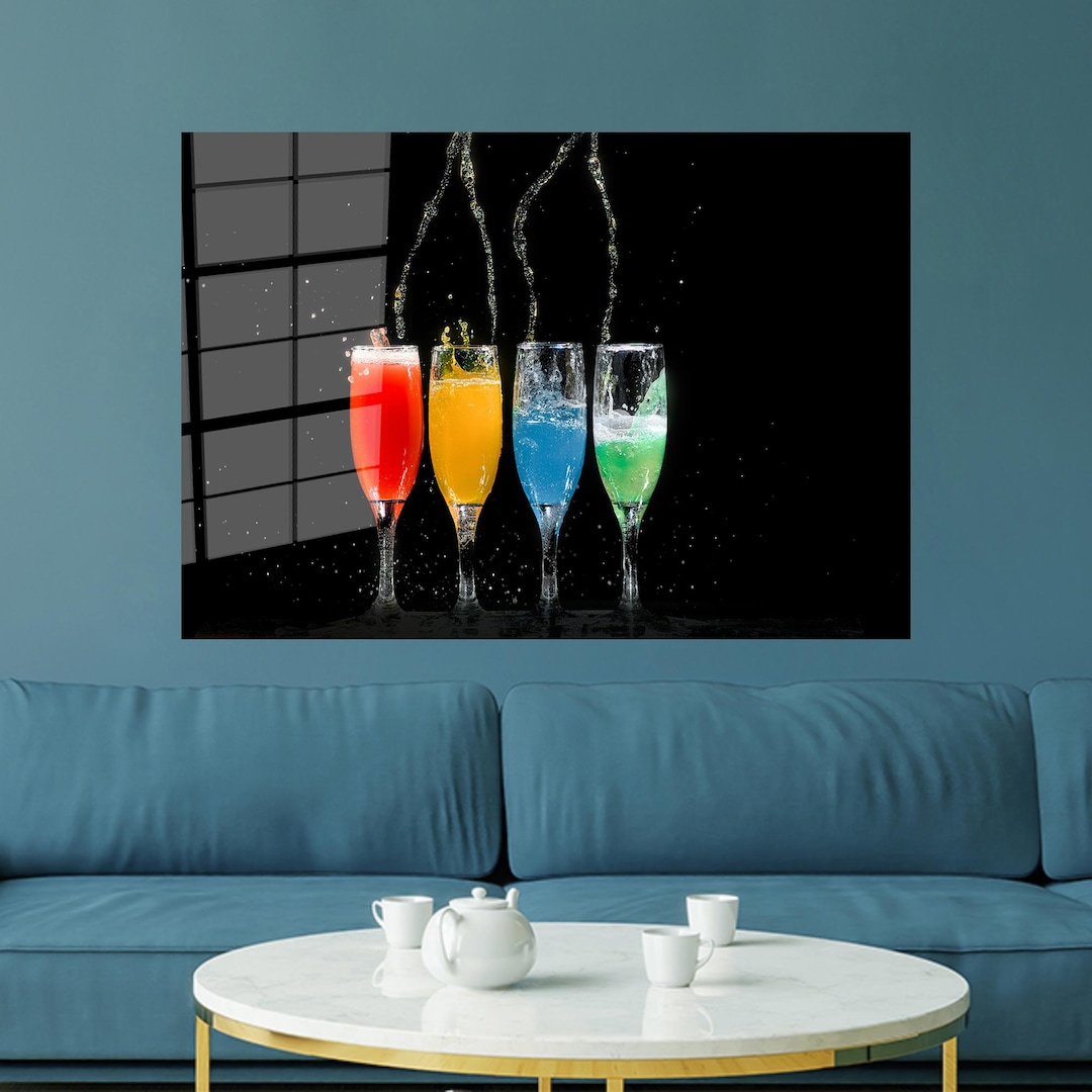 Kitchen Glass Wall Art, Large Canvas, Cocktail Glass Art, Colorful ...