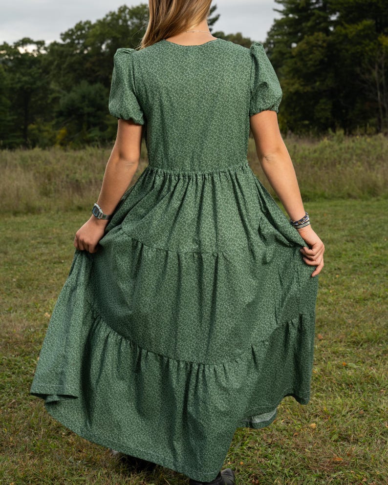 Wrap Front Puff Sleeve Dress | Dark Green | Drawstring Waist | Handmade ...