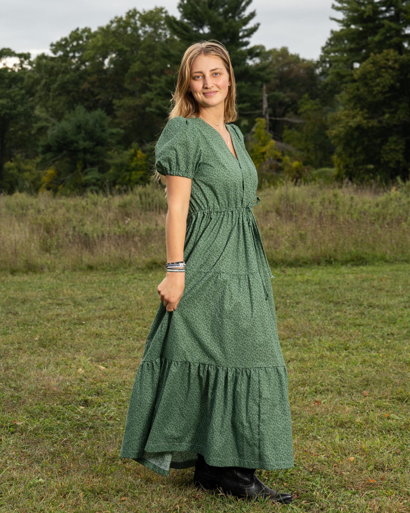 Wrap Front Puff Sleeve Dress | Dark Green | Drawstring Waist | Handmade ...