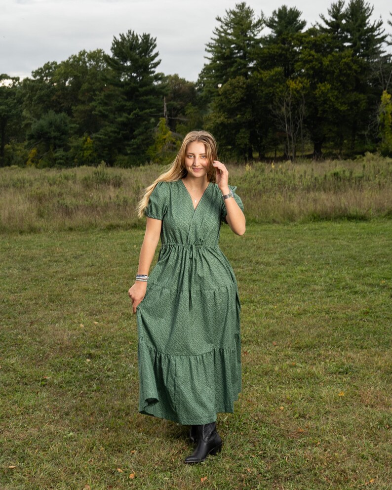 Wrap Front Puff Sleeve Dress | Dark Green | Drawstring Waist | Handmade ...