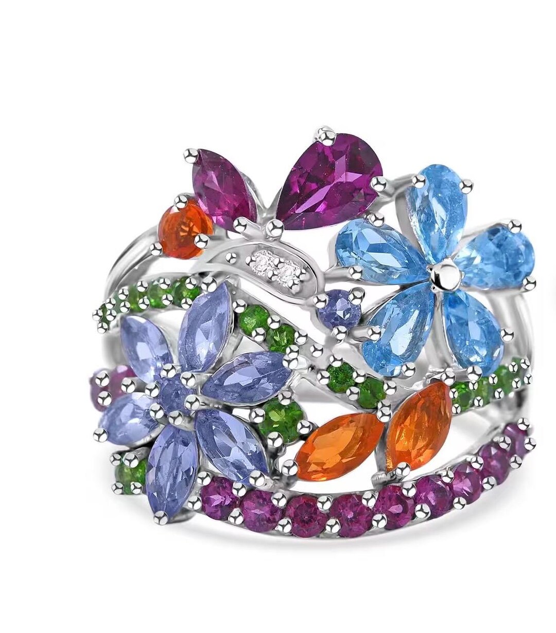Multi Gemstone Floral Ring in Platinum Over Sterling Silver 3.90 Ctw ...