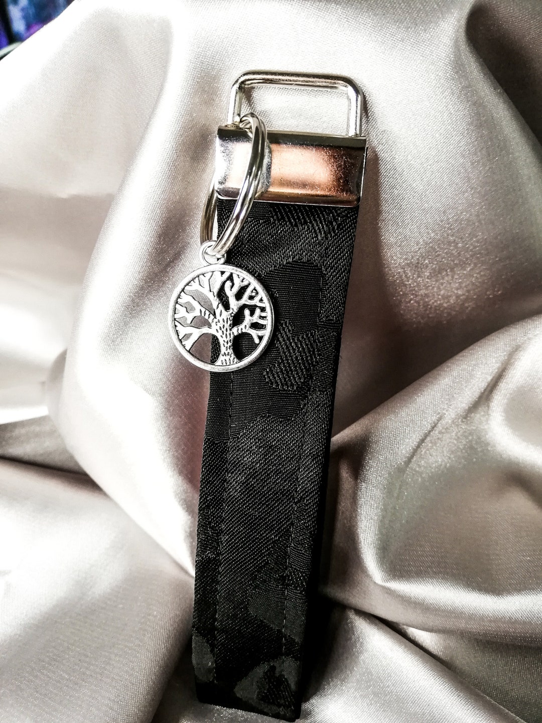Satin Fabric Key Ring, Tree of Life, Wrist Strap With Flat Metal Tip ...