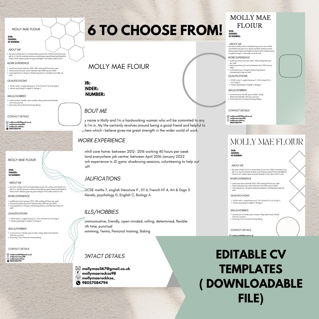 Editable Cv Template 6 Designs to Use/ Chose From - Etsy Australia