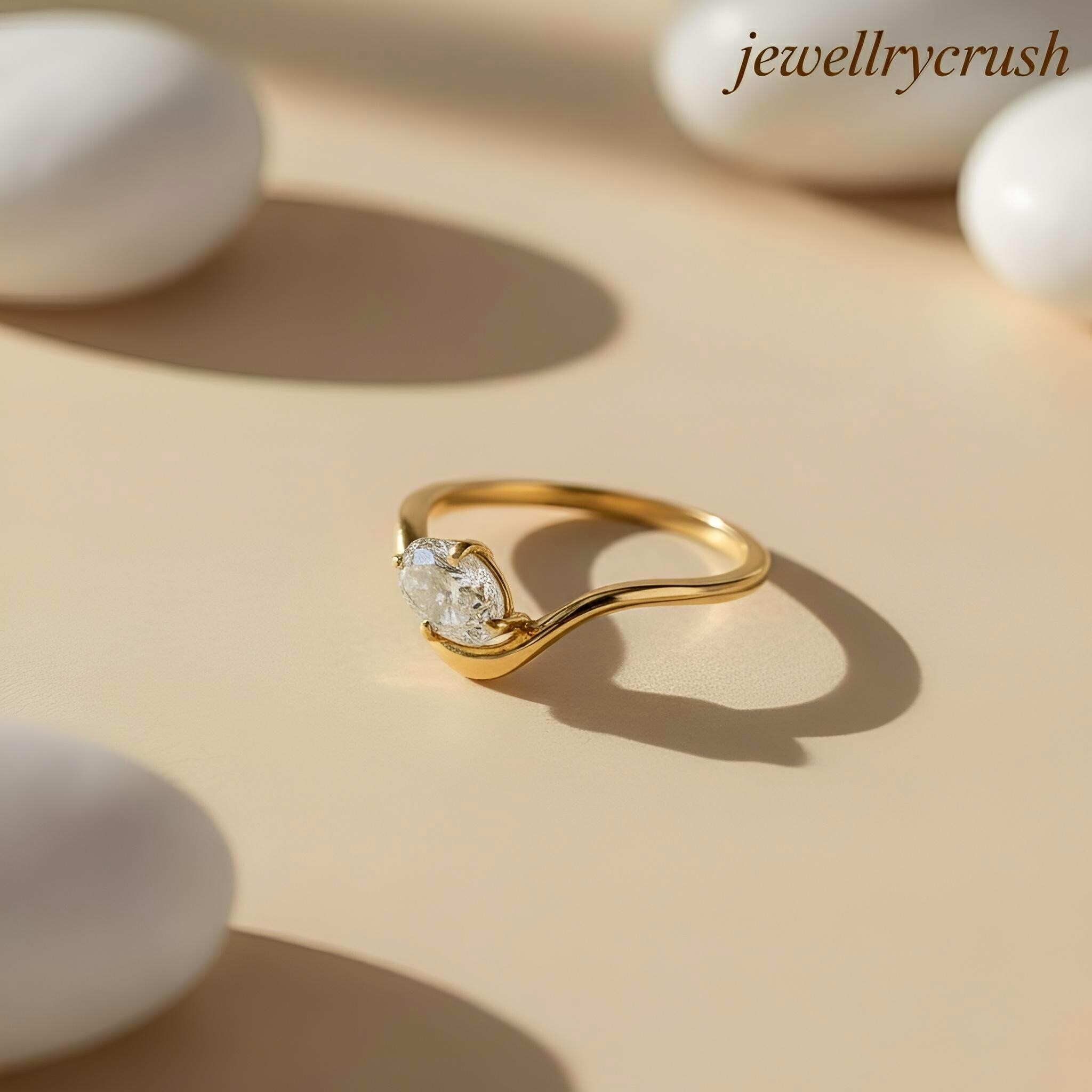 Oval Moissanite Floating Gem Ring: 14k Solid Gold Wave Band Solitaire ...