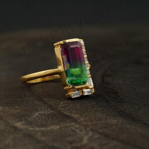 14K Gold Emerald Cut Watermelon Tourmaline Engagement Ring Unique ...
