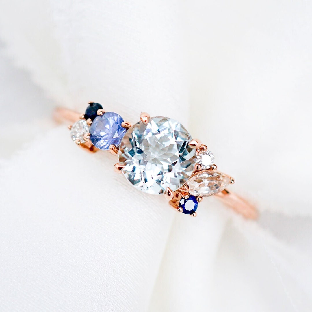 Cluster Ring Aquamarine Engagement Ring Blue Topaz Sapphire Multi Stone ...