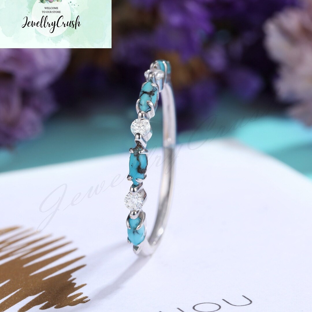 Turquoise Wedding Band Women Vintage Moissanite Half Eternity 925 ...