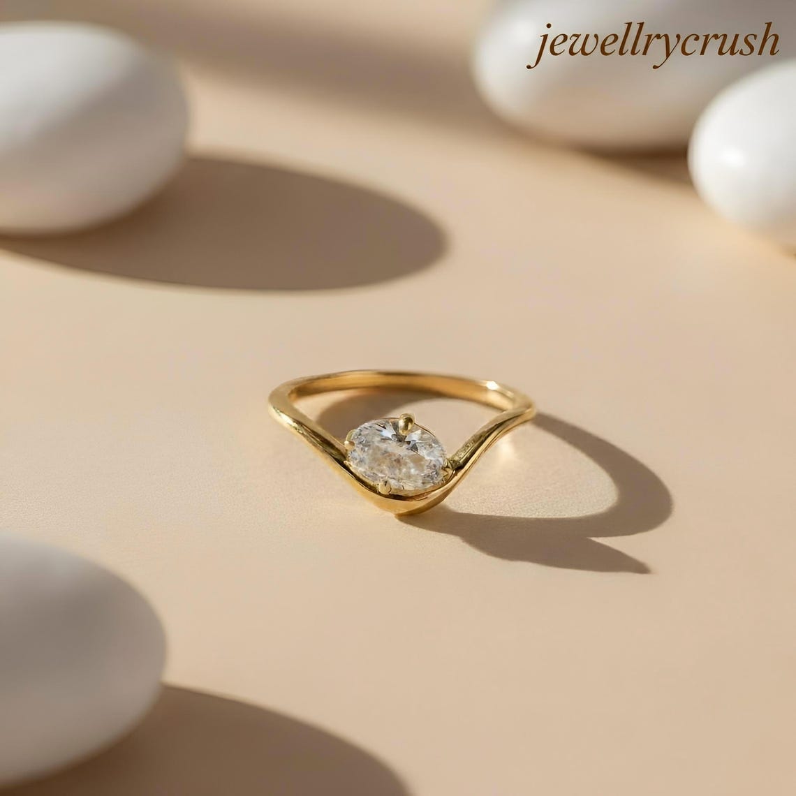 Oval Moissanite Floating Gem Ring: 14k Solid Gold Wave Band Solitaire ...