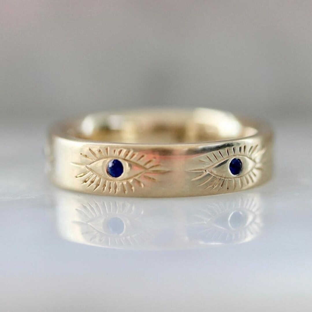 14K Solid Gold Blue Sapphire Band Good Karma Evil Eye Engraved Sapphire ...