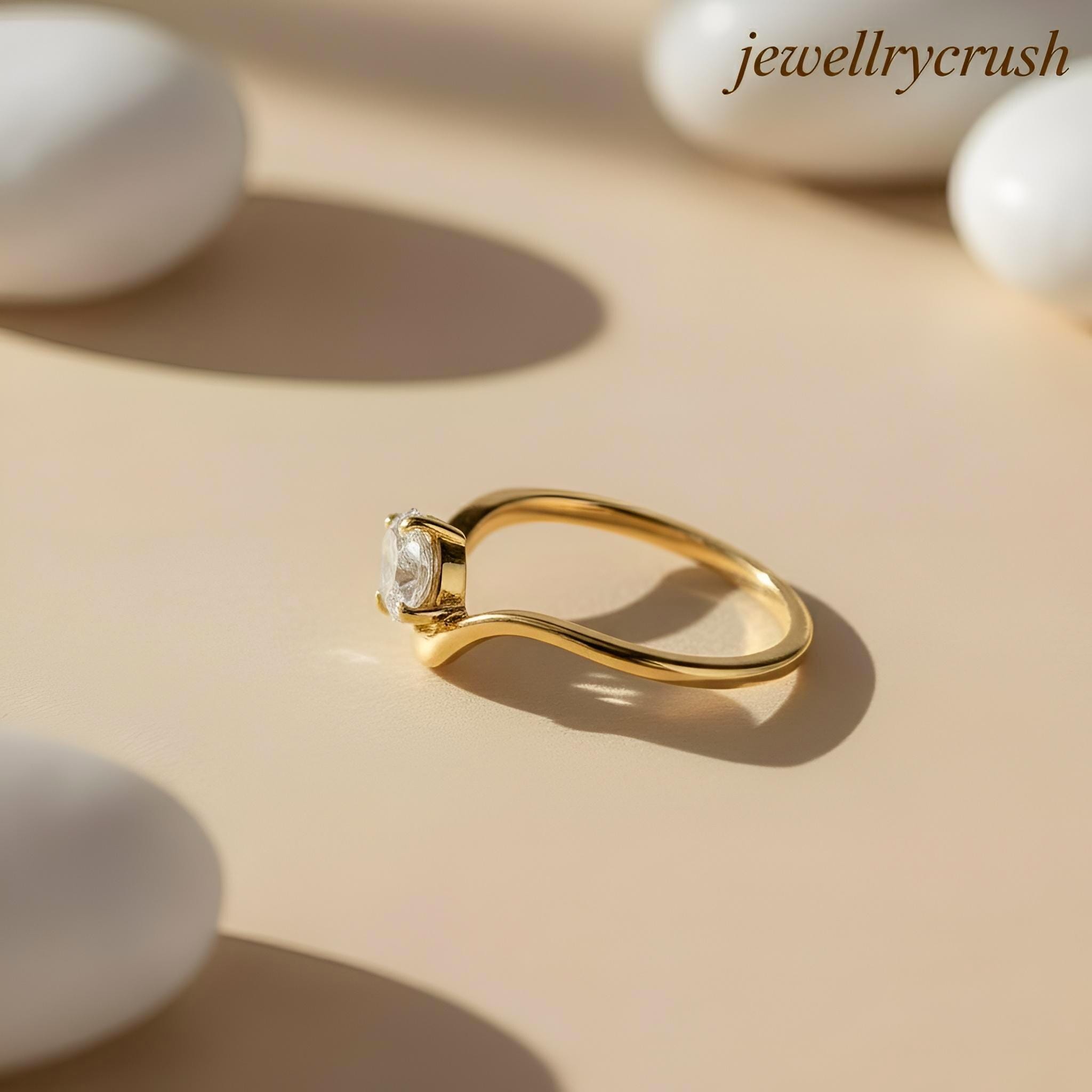 Oval Moissanite Floating Gem Ring: 14k Solid Gold Wave Band Solitaire ...