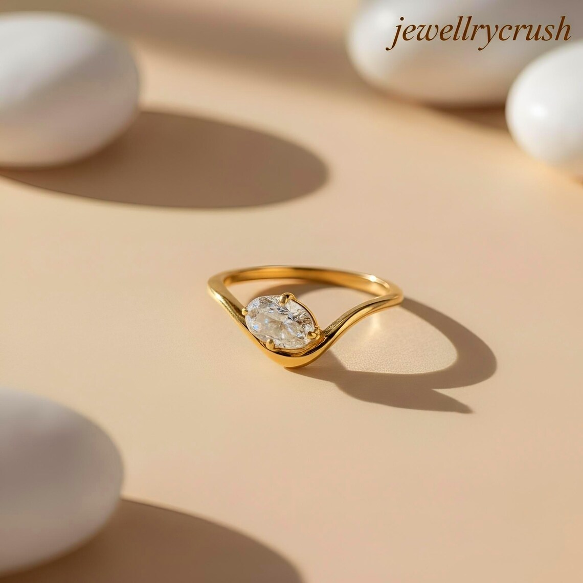 Oval Moissanite Floating Gem Ring: 14k Solid Gold Wave Band Solitaire ...