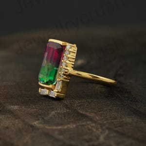 14K Gold Emerald Cut Watermelon Tourmaline Engagement Ring Unique ...