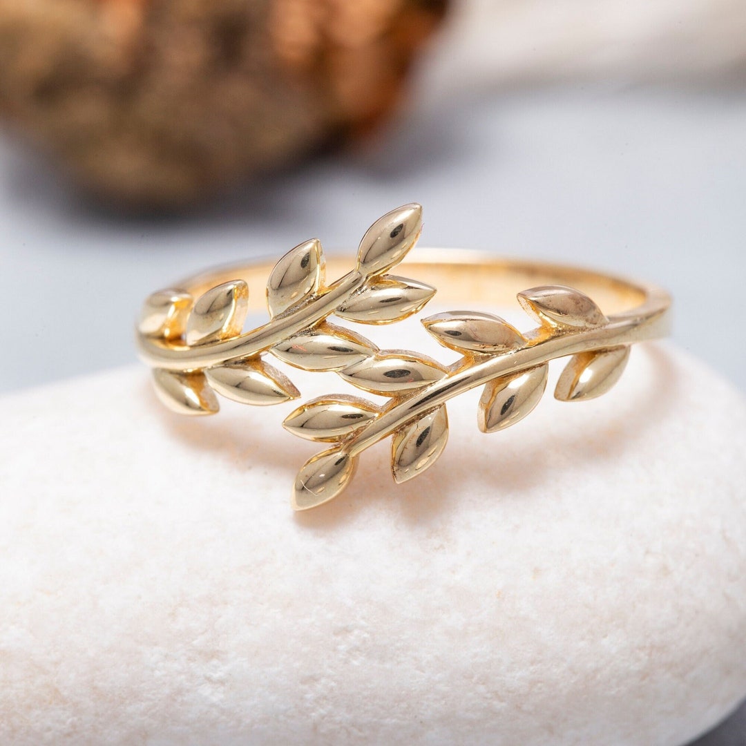 14K Solid Gold Olive Leaf Ring, 925 Sterling Silver Olive Leaf Ring ...