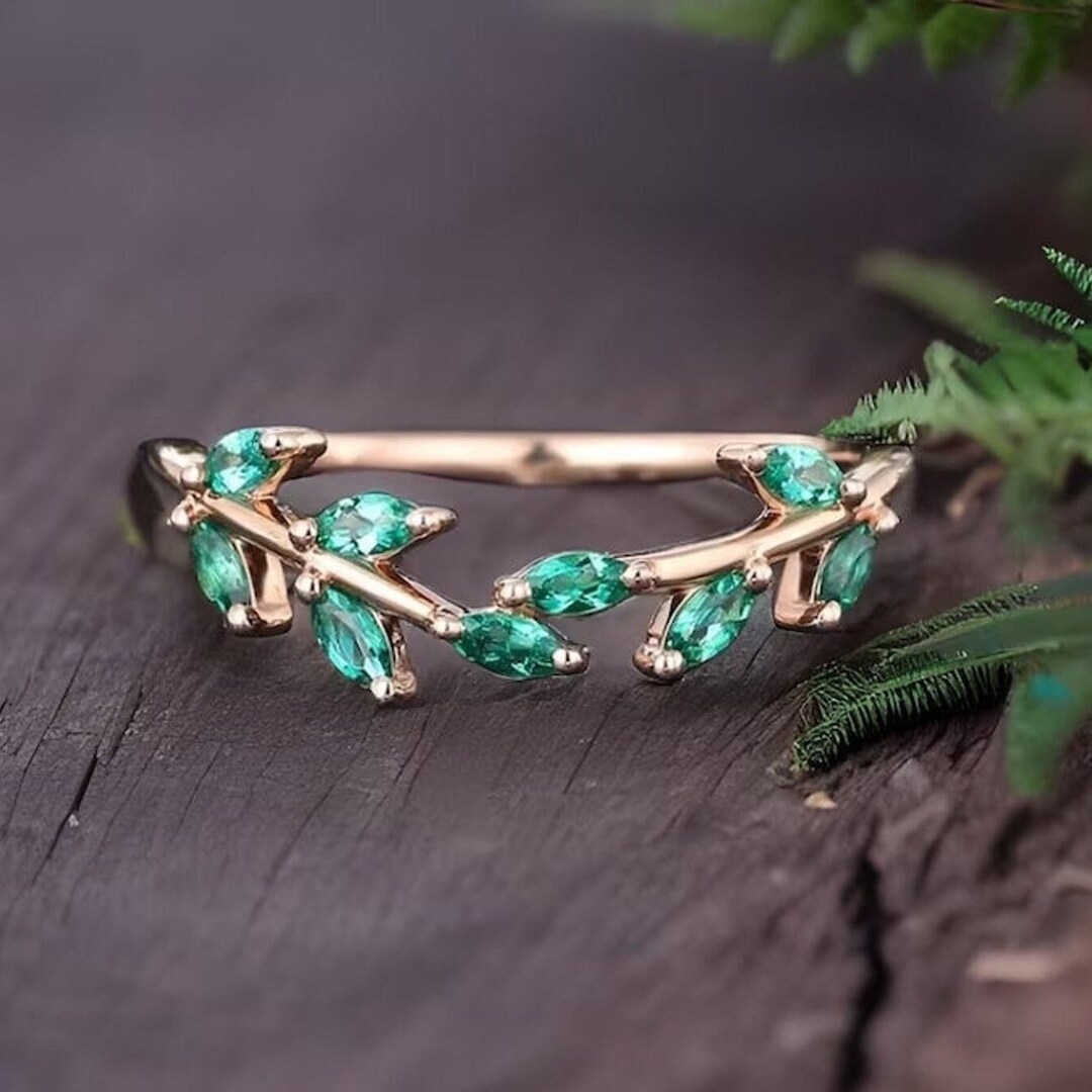 Emerald Leaf Wedding Band Marquise Cut Twig Leaf Emerald Stacking Ring ...