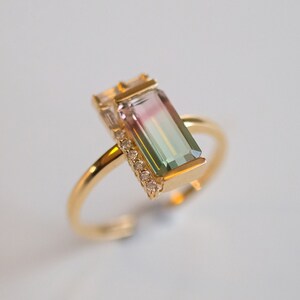 14K Gold Emerald Cut Watermelon Tourmaline Engagement Ring Unique ...