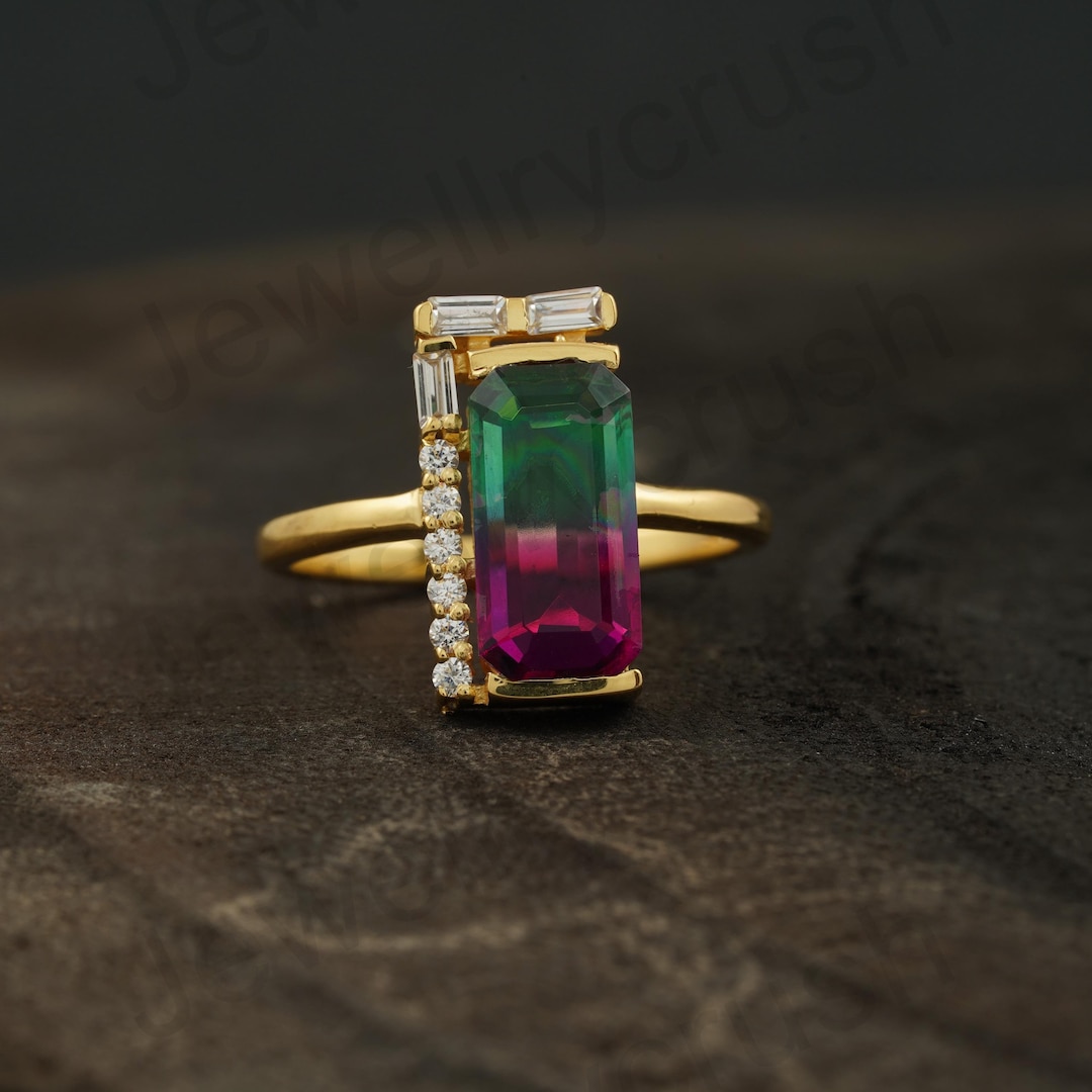 14K Gold Emerald Cut Watermelon Tourmaline Engagement Ring Unique ...