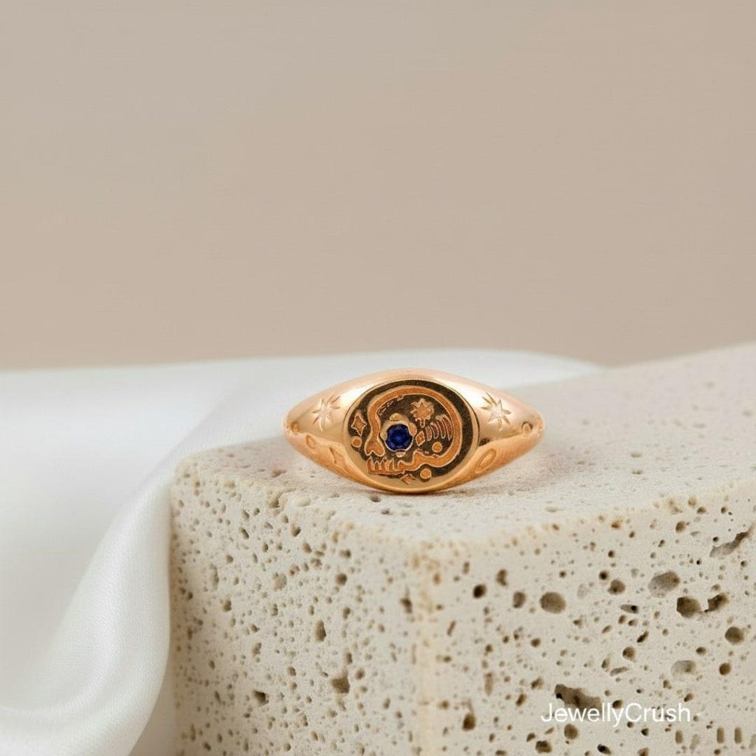 14K Solid Yellow Gold Seer Signet Blue Sapphire Ring, Signet Wedding ...