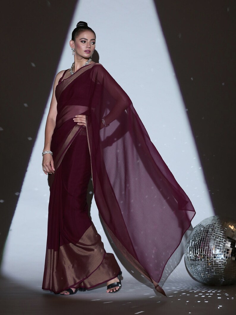 Luxurious Wine Chiffon With Gold Border Saree With Wine Color - Etsy