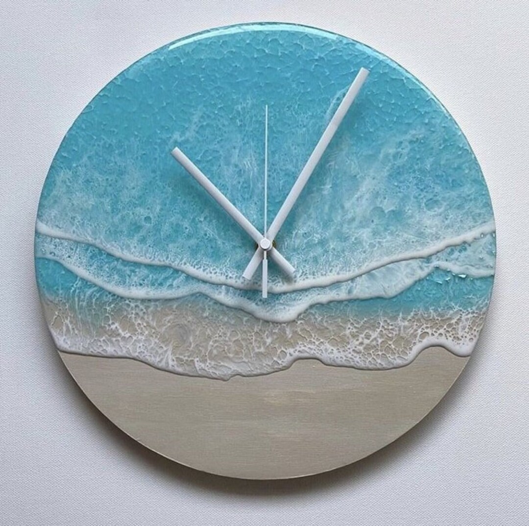Resin Clock/ Beach Theme Art/ Blue and White Clock/ Epoxy Art/ Resin ...