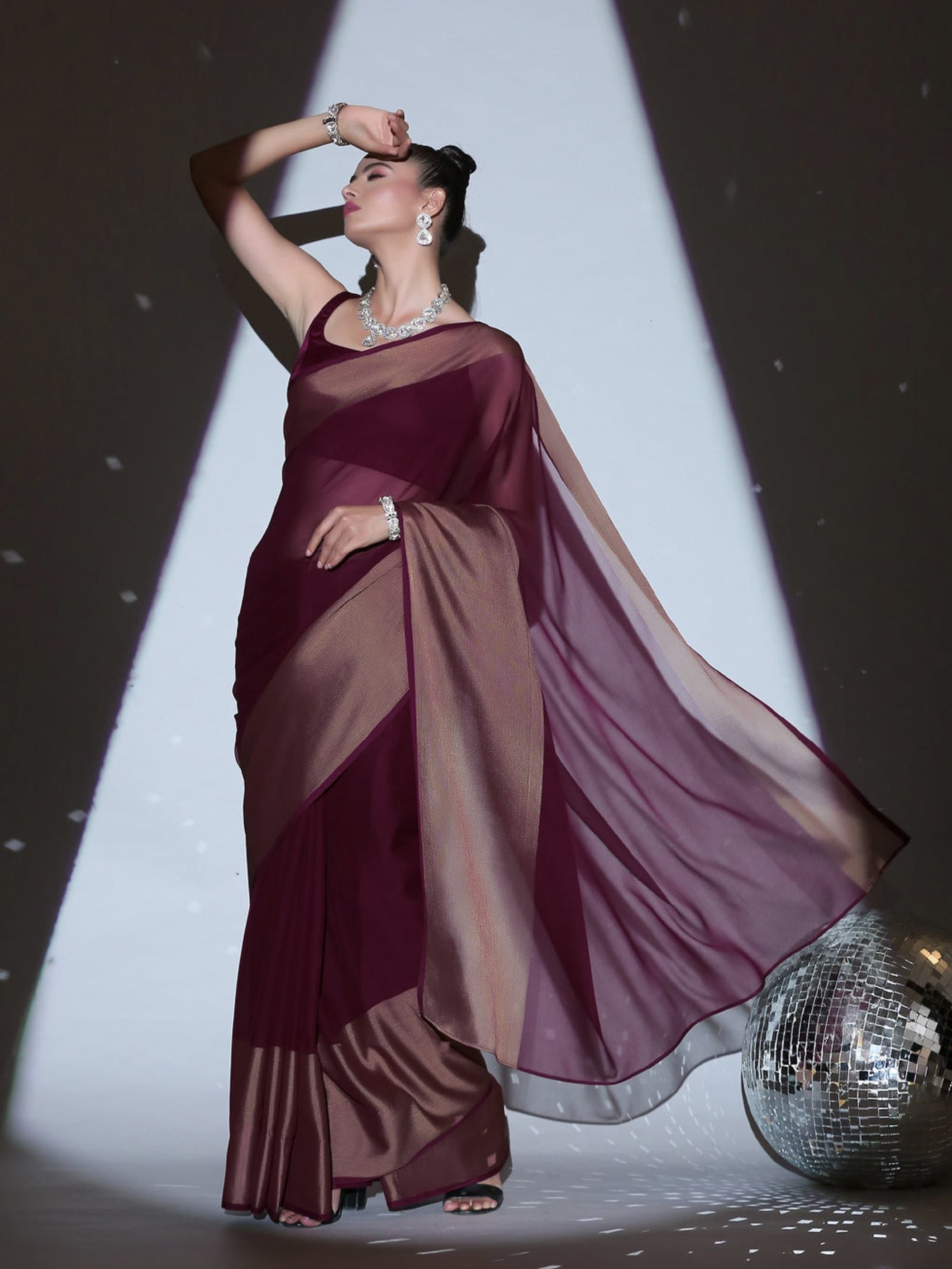 Luxurious Wine Chiffon With Gold Border Saree With Wine Color - Etsy