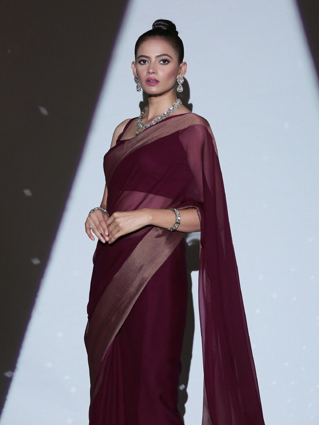 Luxurious Wine Chiffon With Gold Border Saree With Wine Color - Etsy