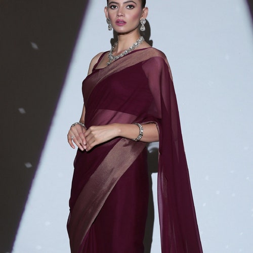 Luxurious Wine Chiffon With Gold Border Saree With Wine Color - Etsy
