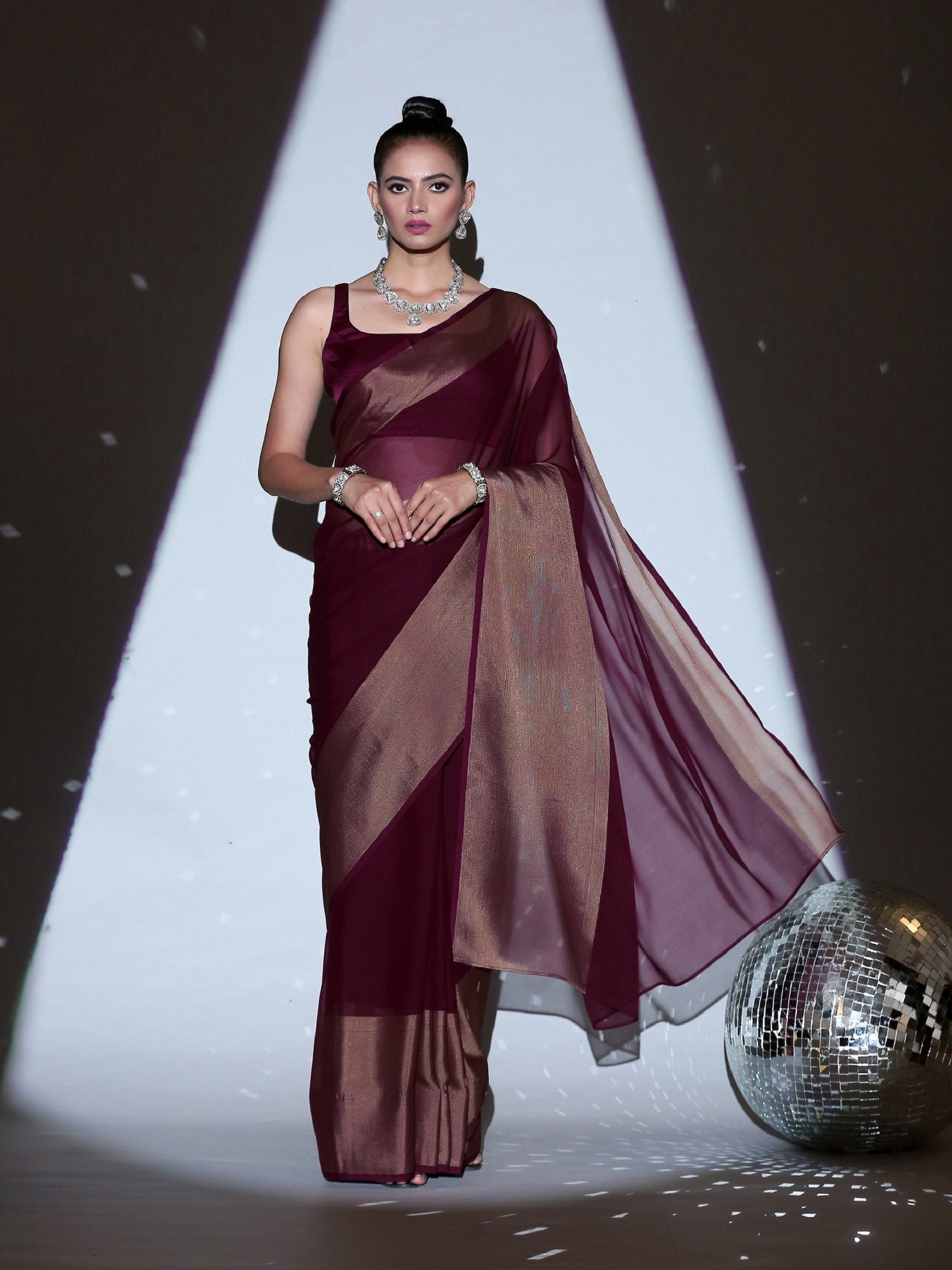 Luxurious Wine Chiffon With Gold Border Saree With Wine Color - Etsy