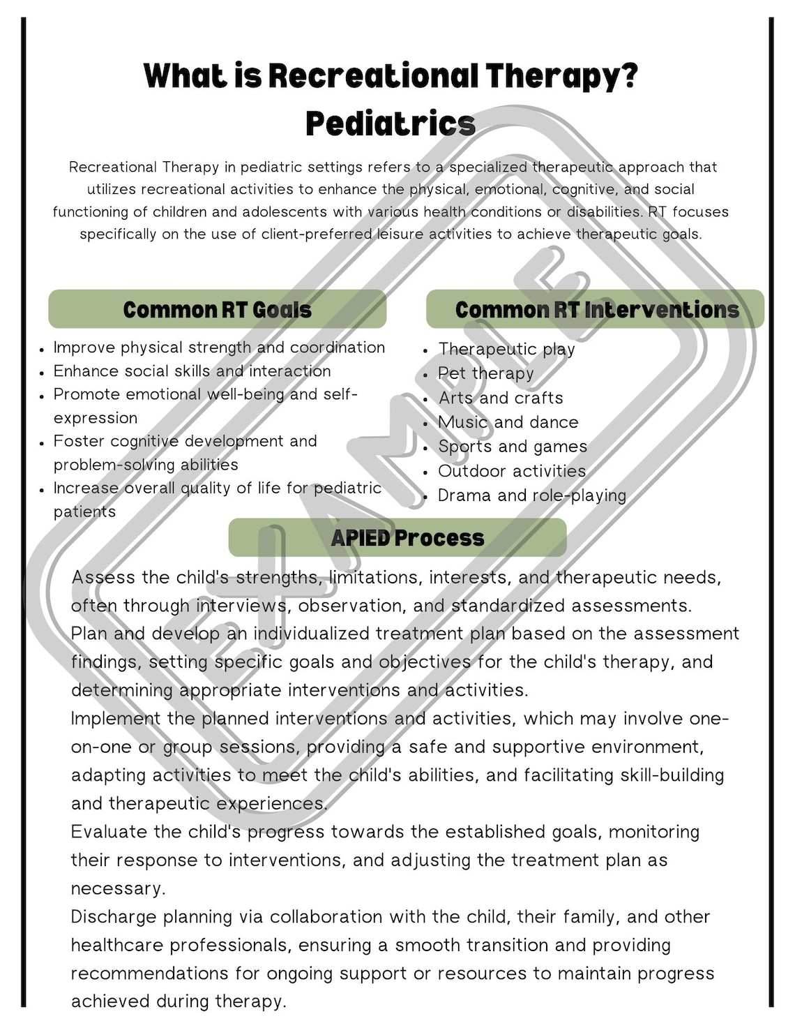 Recreational Therapy Pediatrics Educational Handout - Etsy