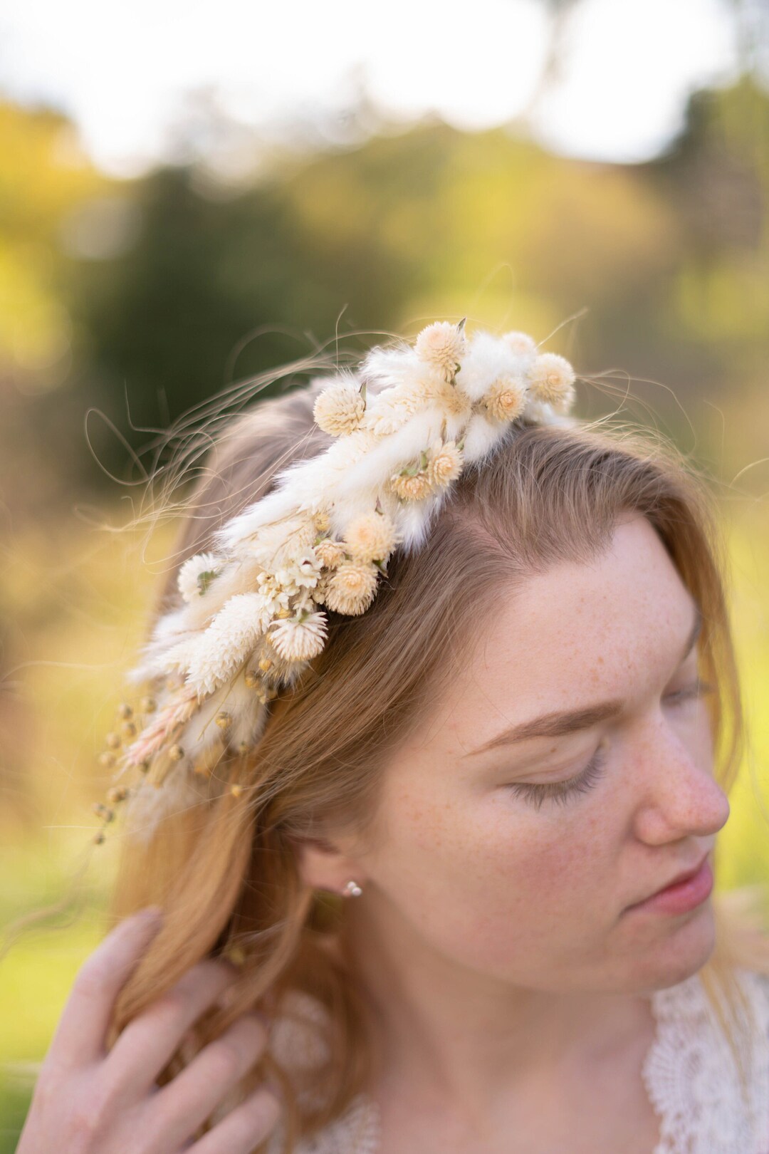 Cottontail Dried Floral Crown - Adult Sized Boho Neutral White and ...