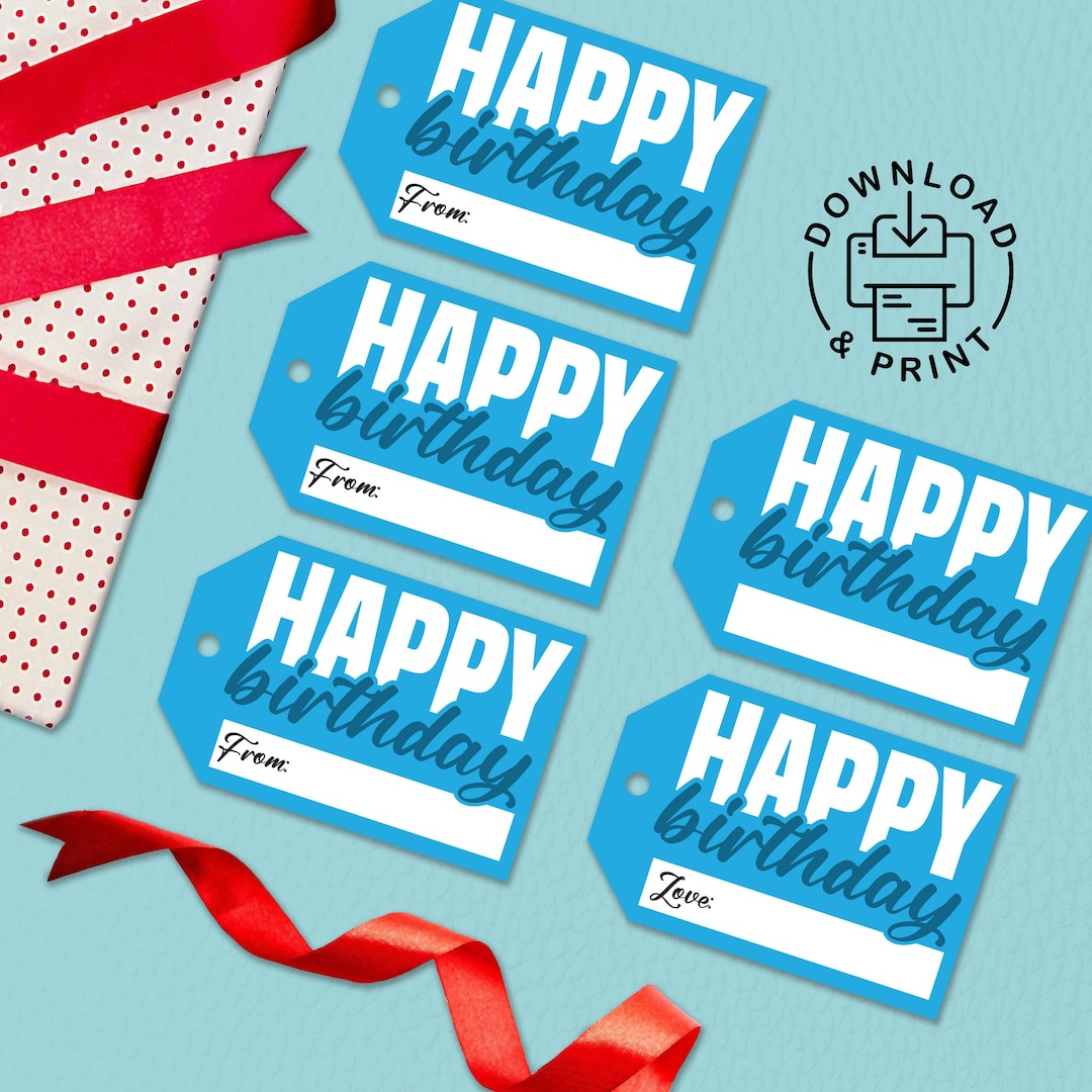 Printable Happy Birthday Gift Tags / Labels Bright & Bold Blue Design ...