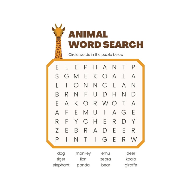 Kid's Animal Word Search PDF Instant Digital Download | Printable ...