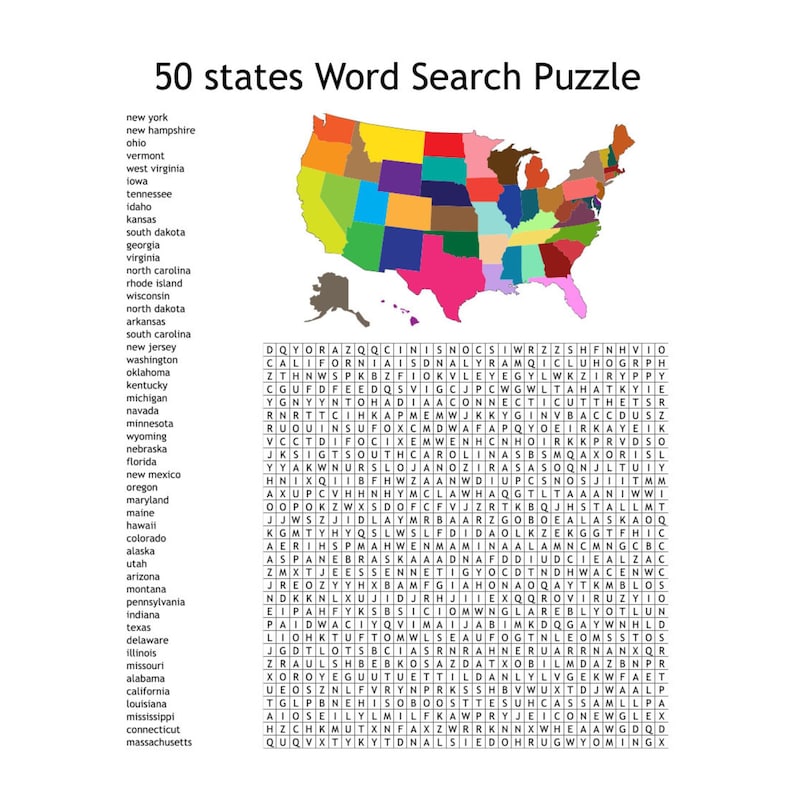 Kids 50 US States Word Search PDF Instant Digital Download Printable ...