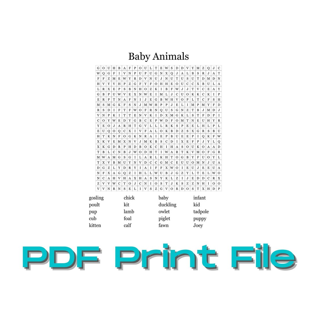Kid s Baby Animals Word Search PDF Instant Digital Etsy