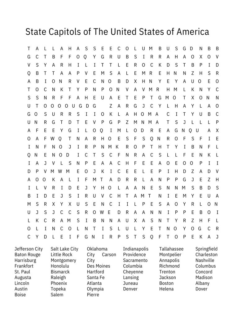 Kids US State Capitol Word Search PDF Instant Digital Download ...