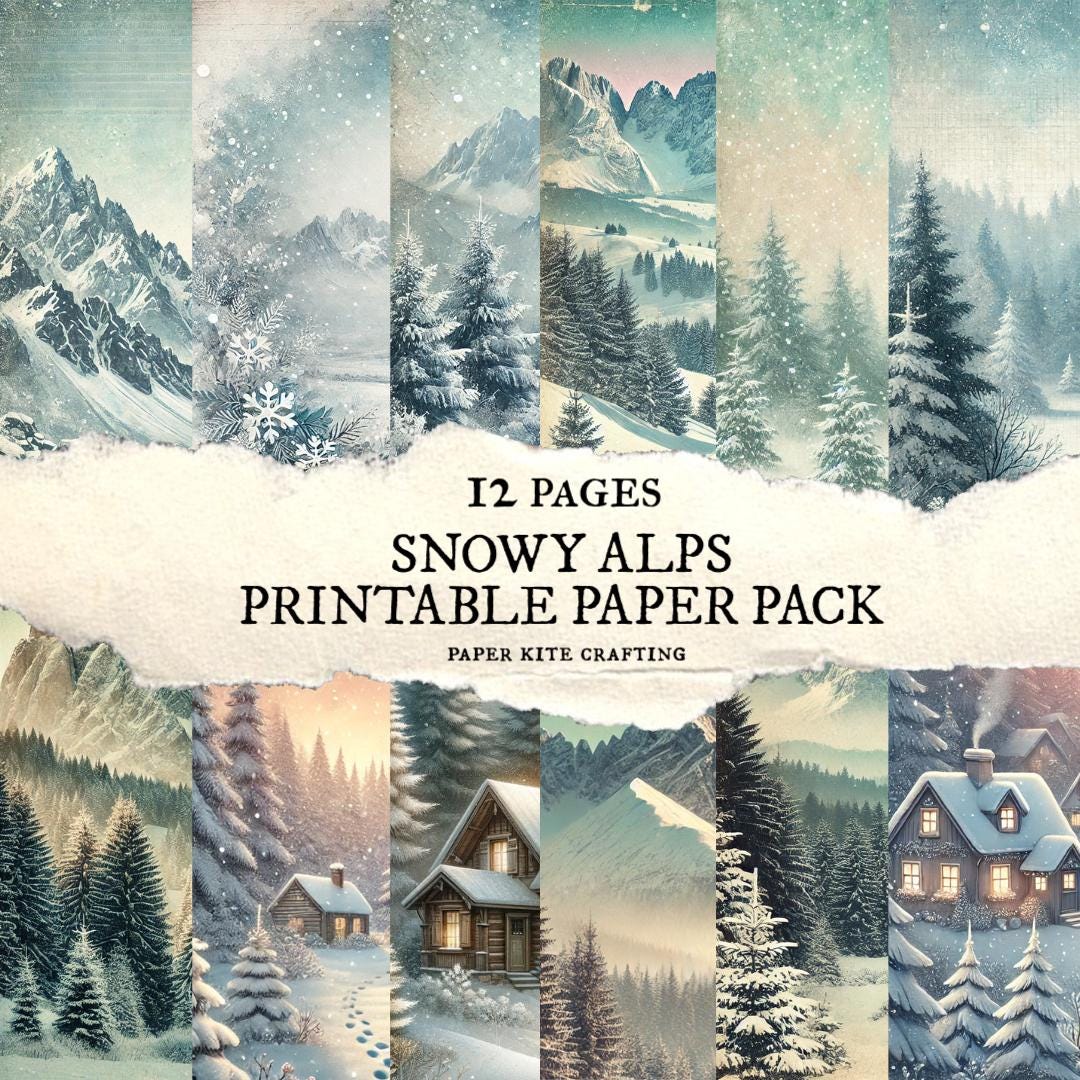 Snowy Alps Printable Paper Alpine Winter Christmas Snowy Mountains Pine ...