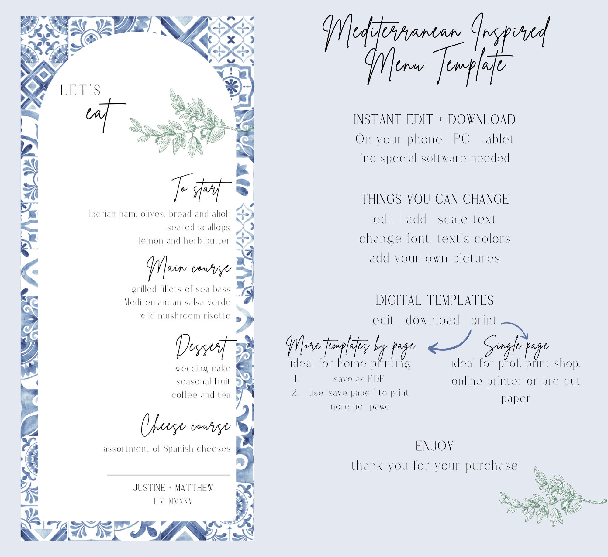 Mediterranean Menu Template, Wedding Menu Template, Blue Tiles ...