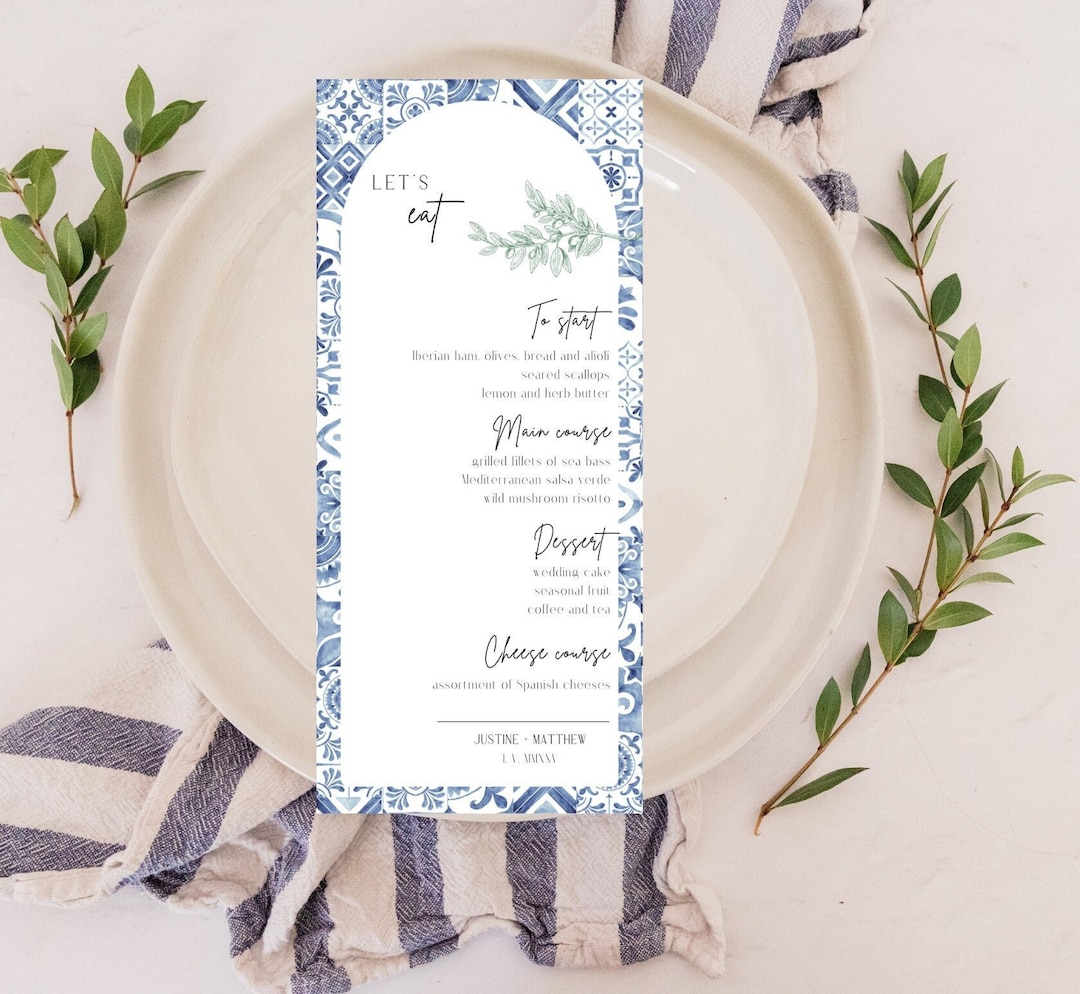 Mediterranean Menu Template, Wedding Menu Template, Blue Tiles ...