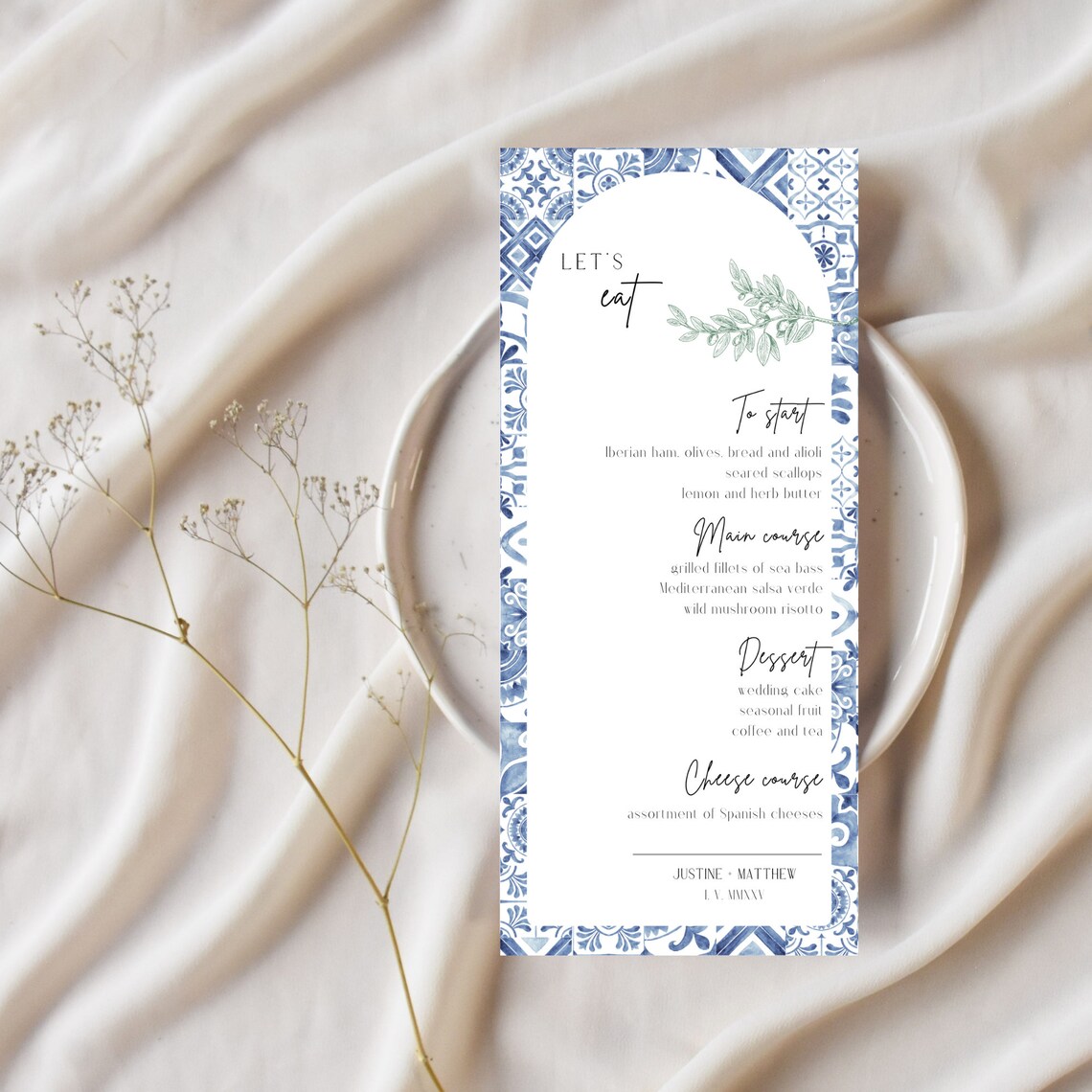 Mediterranean Menu Template, Wedding Menu Template, Blue Tiles ...