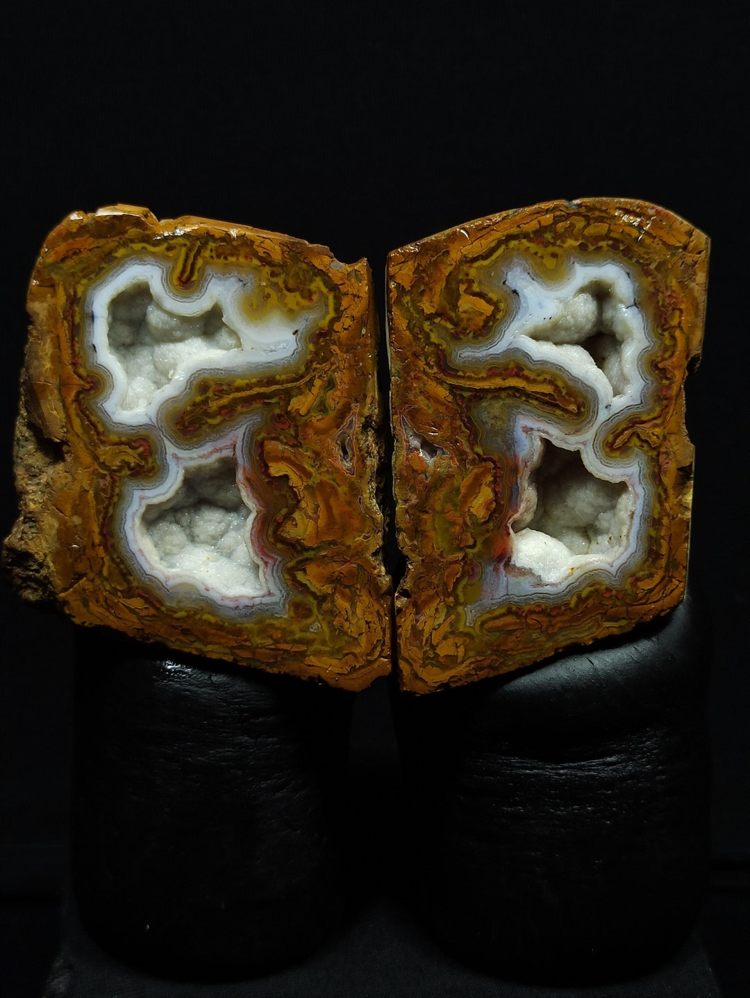 Yellow and Green Banded and White Snow Druzy Double Geode Agate ...