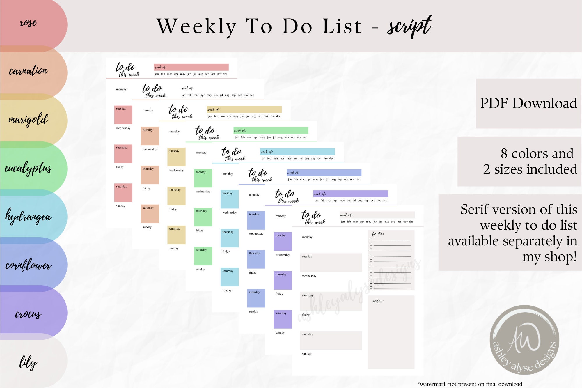 Printable Weekly to Do List Script Font Digital Download Planning Pages ...