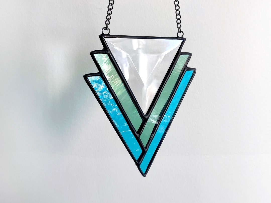 Triangle Bevel Stained Glass Suncatcher, Blue and Teal Geometric ...